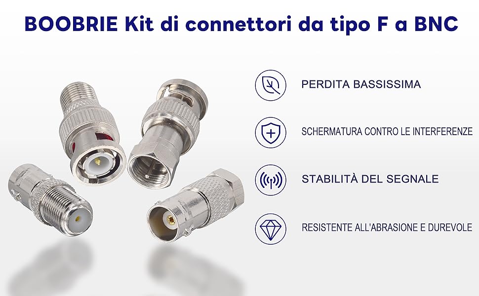 Boobrie 4 Kit Connettore Coassiale Coassiale RF tipo BNC-F Adattatore da BNC a tipo F BNC ...