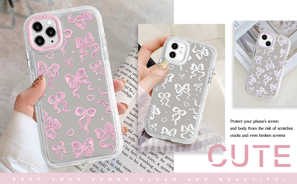 Amazon.com: NITITOP Compatible with iPhone 14 Plus Case Cute Mirror Bow Love Heart Pattern for ...
