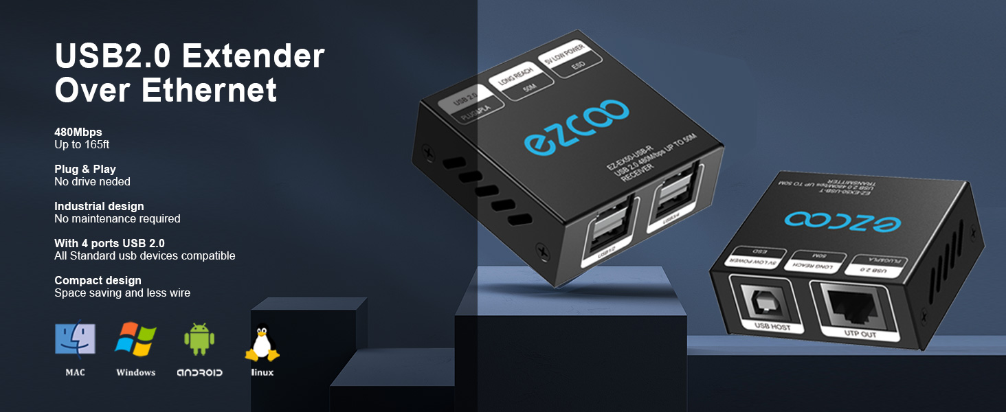 USB Extender Over cat5e/6 165ft 50m with 4-Port USB2.0 HUB - USB Over Cat6 Ethernet RJ45, USB2.0 ...