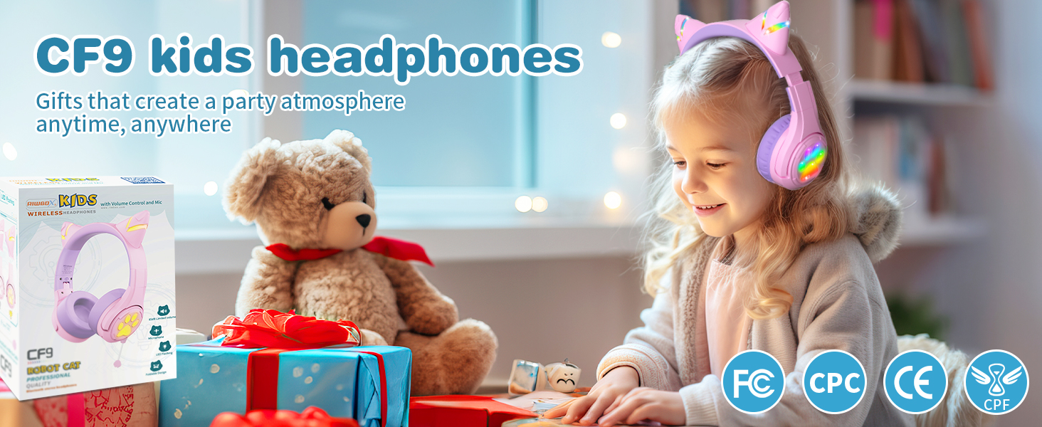 Riwbox Kids Bluetooth Headphones, CF9 Cat Ear Headphones with LED Light, Boom Mic&Built-in Mic ...