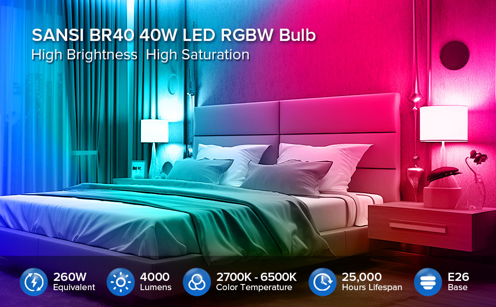 SANSI LED RGBW Light Bulb, 4000LM Dimmable BR40 40W Mood Light Bulb with Timing Remote, 260W ...