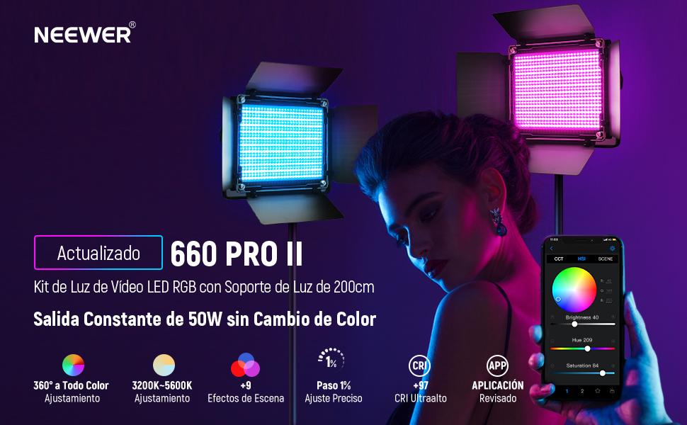 NEEWER 660 PRO II Mejorada Panel Luz Vídeo LED RGB con App Control y Kit Soporte, 2 Pack ...