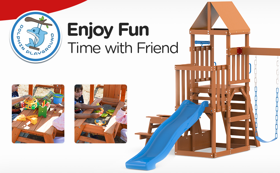 Amazon.com: Dolphin Playground Wooden Swing Sets for Backyard with 2 in 1 Outdoor Table, Outdoor ...