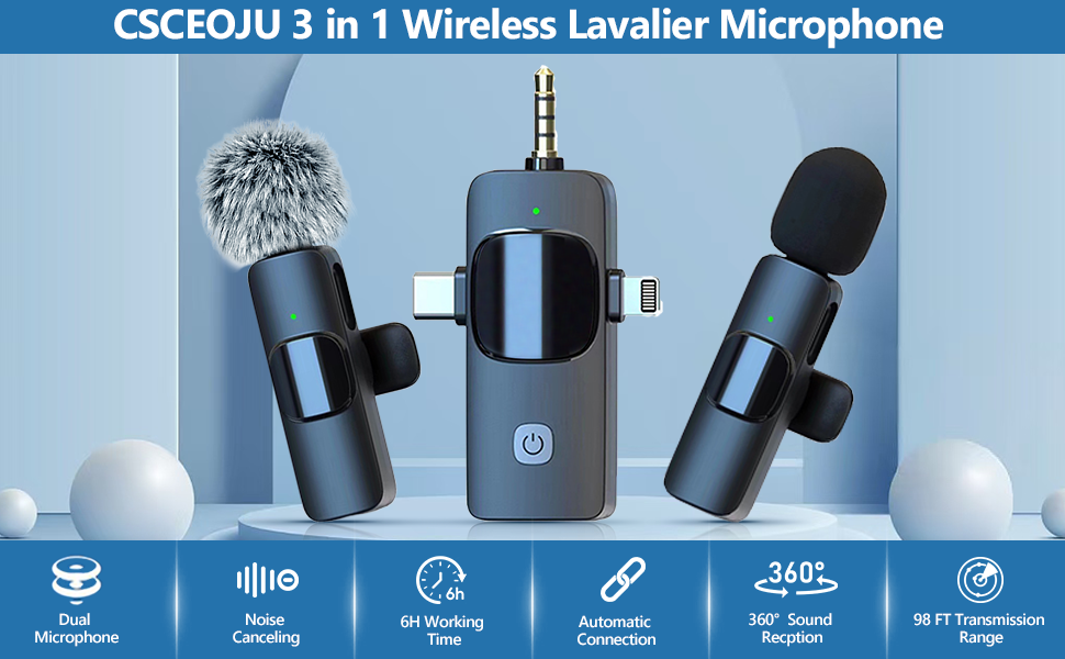 Amazon.com: 4 in 1 Wireless Lavalier Microphone for iPhone, iPad, Android, Camera - USB-C, Noise ...