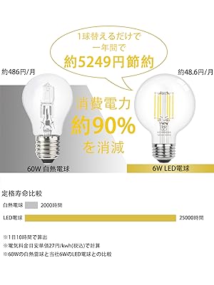 Amazon | Wonninek LED電球 エジソン電球 調光器対応 60W形相当 フィラメント電球 E26 6W LED 調光 電球 817lm 2700K 電球色 広配光 高演色 無 ...