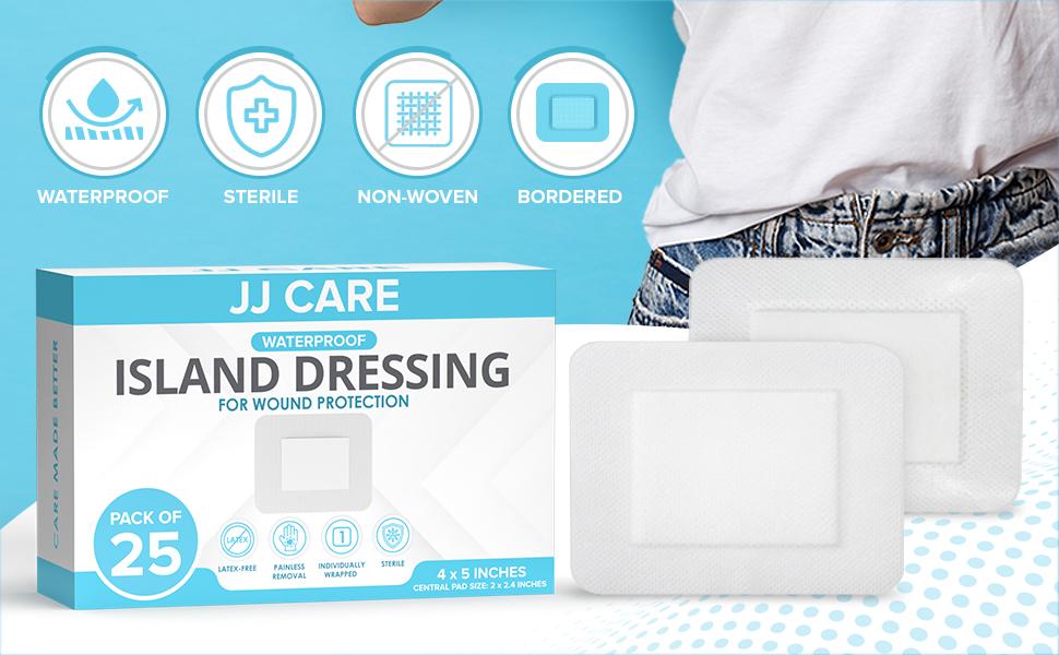 Amazon.com: JJ CARE Waterproof Adhesive Island Dressing [Pack of 25], 4" x 5" Sterile Bordered ...