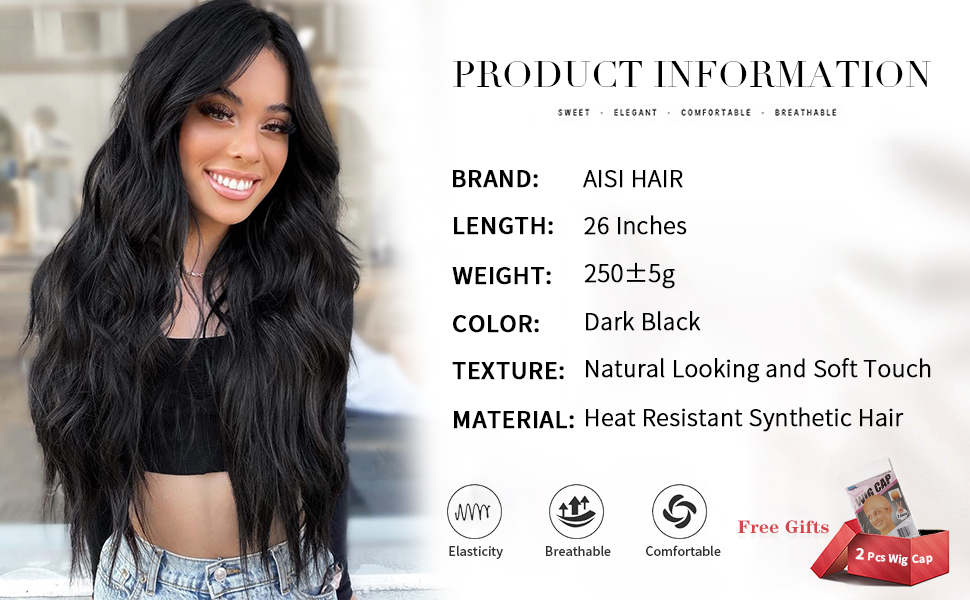 Amazon.com: AISI HAIR Long Wavy Wig Dark Black Wigs for Women Synthetic Curly Wigs Middle Part ...