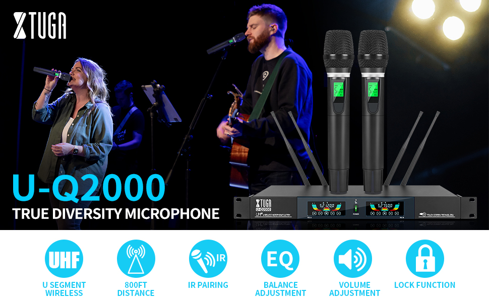 Amazon.com: XTUGA 2 * 100 Channel Professioanl True Diversity Wireless Micorphone System with ...