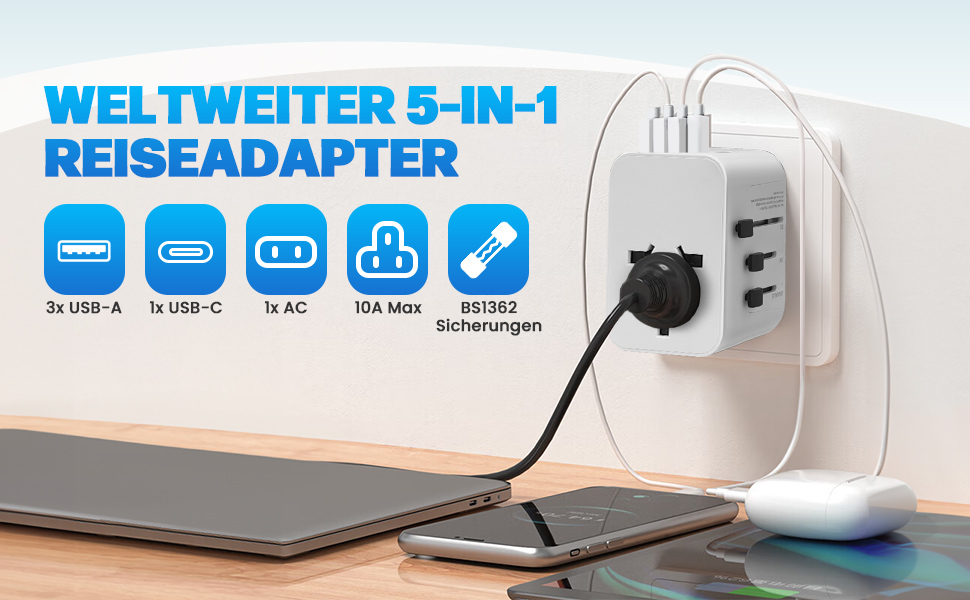 E-SMARTER Reiseadapter Weltweit, mit 3 USB + 1 USB C und AC Steckdosenadapter, Universal ...