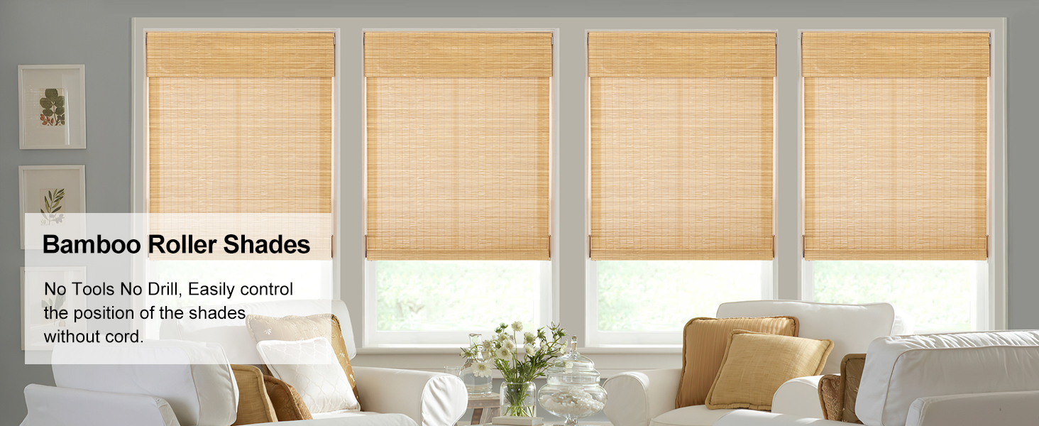 Amazon.com: LazBlinds No Tools No Drill Bamboo Roller Shades, Cordless ...