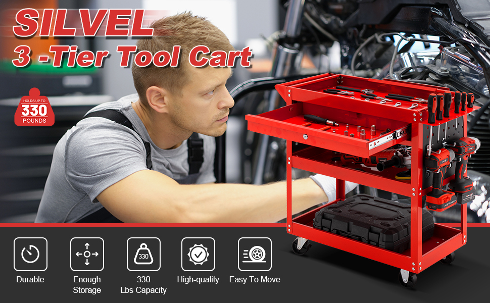 Amazon.com: SILVEL 3 Tier Rolling Tool Cart, 330 LBS Capacity Heavy Duty Utility Cart ...
