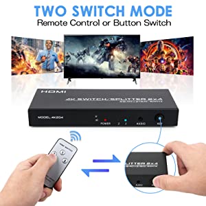 HDMI Switch Splitter 2 in 4 Out, HDMI Verteiler Umschalter mit Fernbedienung und SPDIF & 3.5m ...