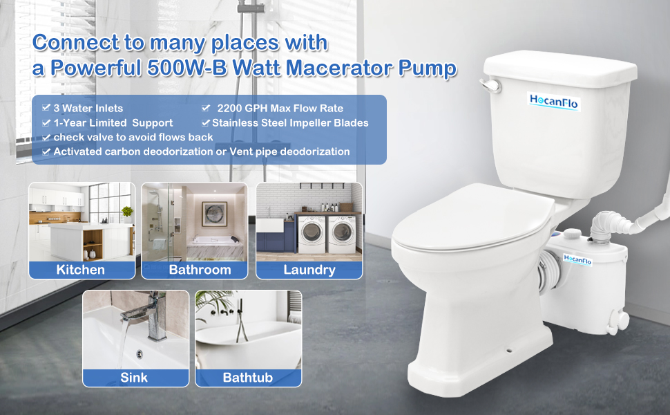 500W Macerating Toilet System: 3-Inlet, Durable, Upflush Toilet For Basement, Ideal for Basement ...