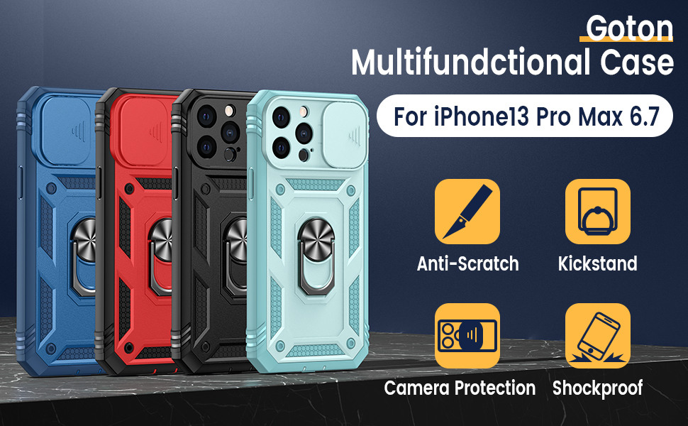 Amazon.com: Goton Armor Case for iPhone 13 Pro Max Stand Case with Slide Camera Cover ...