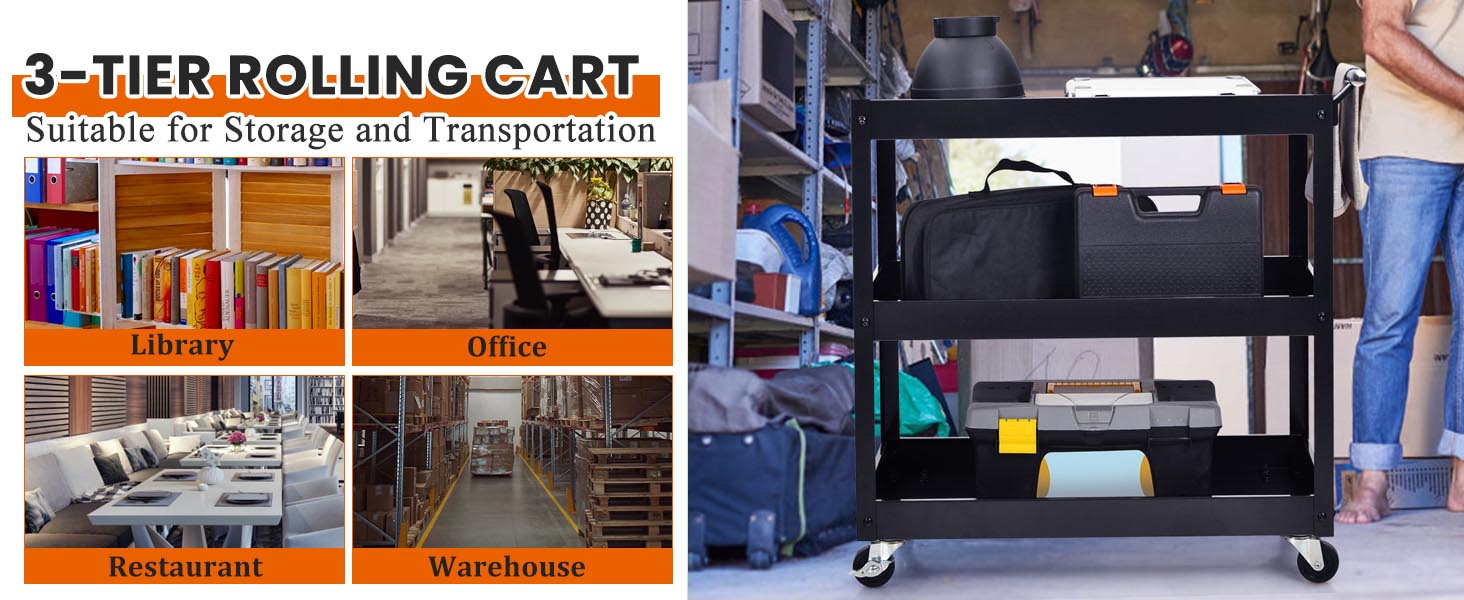 IRONMAX 3 Tier Utility Cart, Heavy Duty Metal Rolling Cart on Wheels with Brake, 330LBS Capacity ...