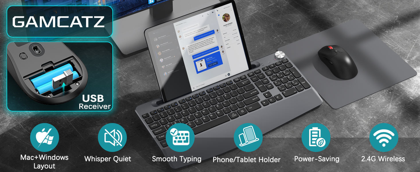 Gamcatz Ergonomic Wireless Keyboard And Mouse With Wrist Rest，phone Holder 2 4ghz