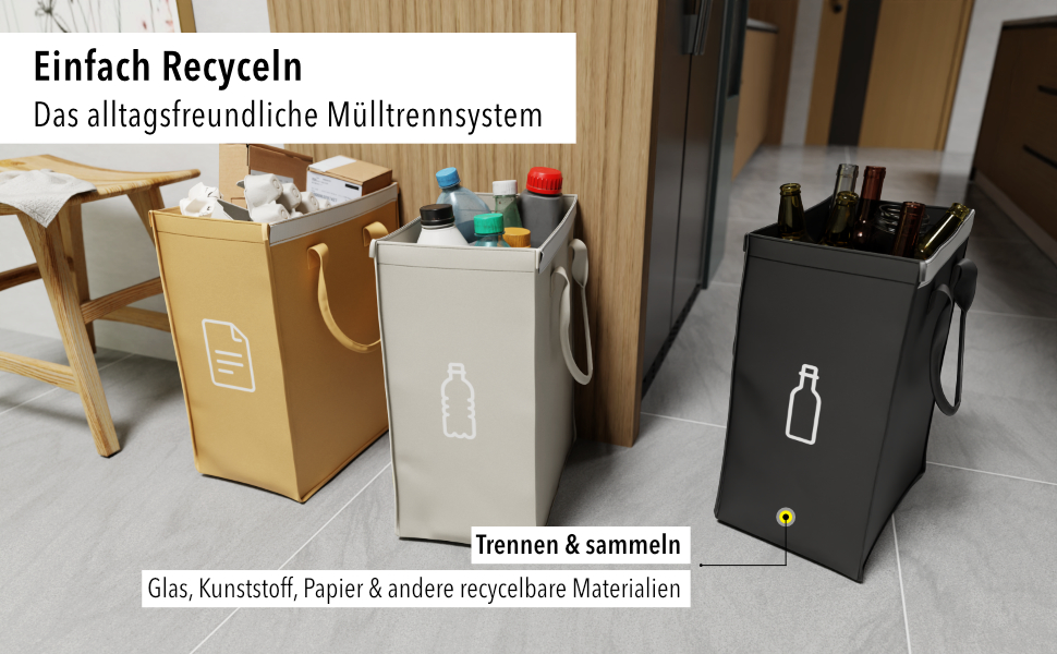 qikfresh - Mülltrennsystem 3er Set | Abfalltrennsystem mit 3 Fächer zum Recycling von Altglas ...