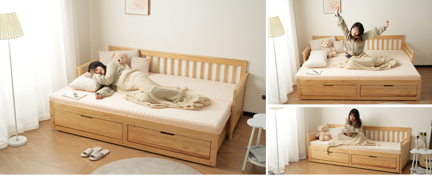 Amazon｜ソファーベッド 伸縮式 3人掛け 木製 引き出し付き 収納 伸長式ソファ シングル 2way ソファベッド 2人掛け セミダブル 耐荷重200kg (木の色ベッド-幅70cm ...