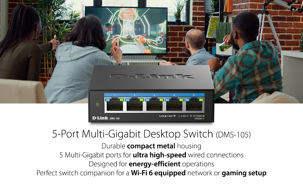 D-Link 5-Port 2.5GB Unmanaged Gaming Switch with 5 x 2.5G - Multi-Gig, Network, Fanless, Plug ...