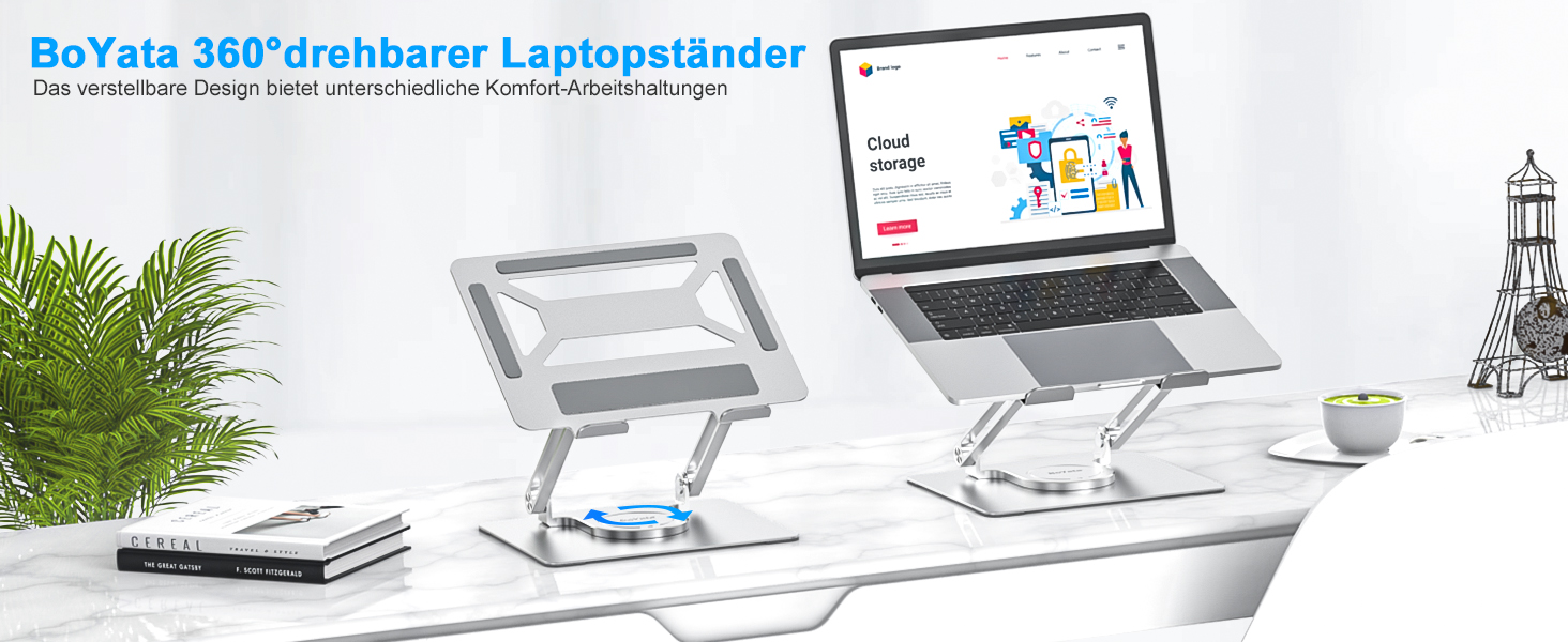 BoYata Laptopständer für Schreibtisch, Verstellbarer Computerständer mit 360°Drehbarer Basis ...