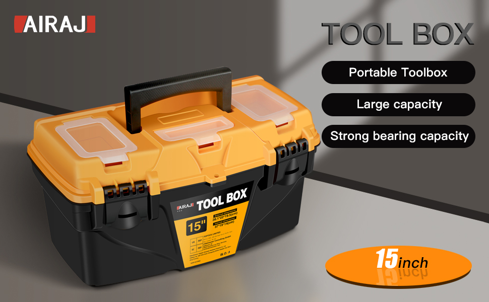 AIRAJ 15" Tool Box with Double Locking Buckle, Lightweight Plastic Tool Box with Removable Tray ...