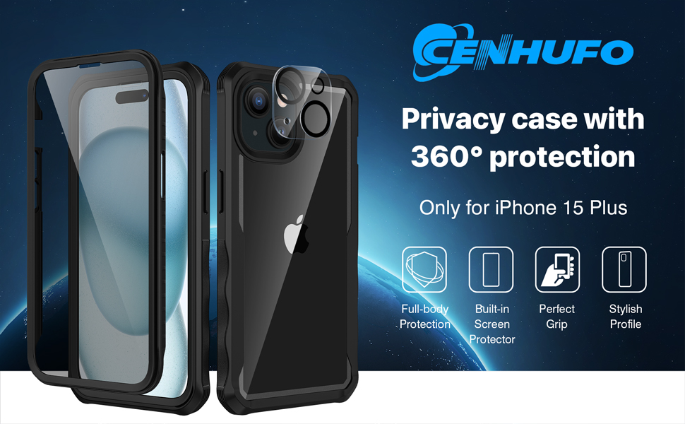 Amazon.com: CENHUFO Privacy for iPhone 15 Plus Case, Full Body Phone Case with Built-in 9H ...