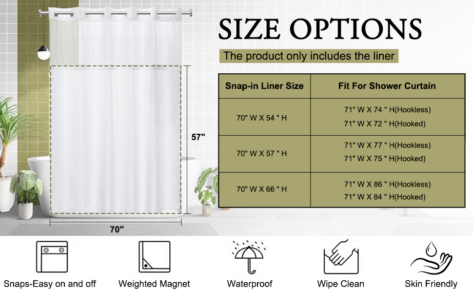 Amazon.com: LXBNI Snap Shower Curtain Liner Replacement：70W x 57H-No Hook & Liner with Snaps ...