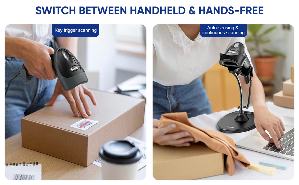 Eyoyo Wired 1D 2D Barcode Scanner with Gooseneck Stand Handsfree/USB Wired Handheld Barcode ...