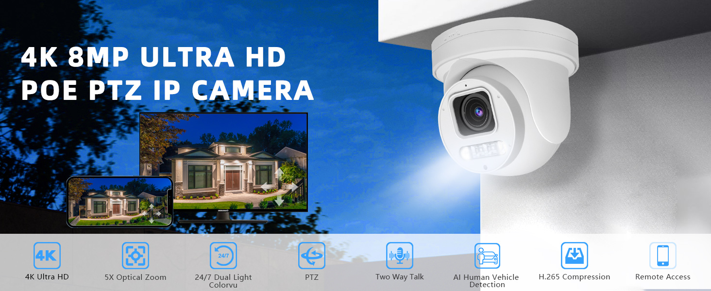 Amazon.com : Vonnision 8MP IP PoE PTZ Dome Camera Outdoor, 4K PTZ IP ...