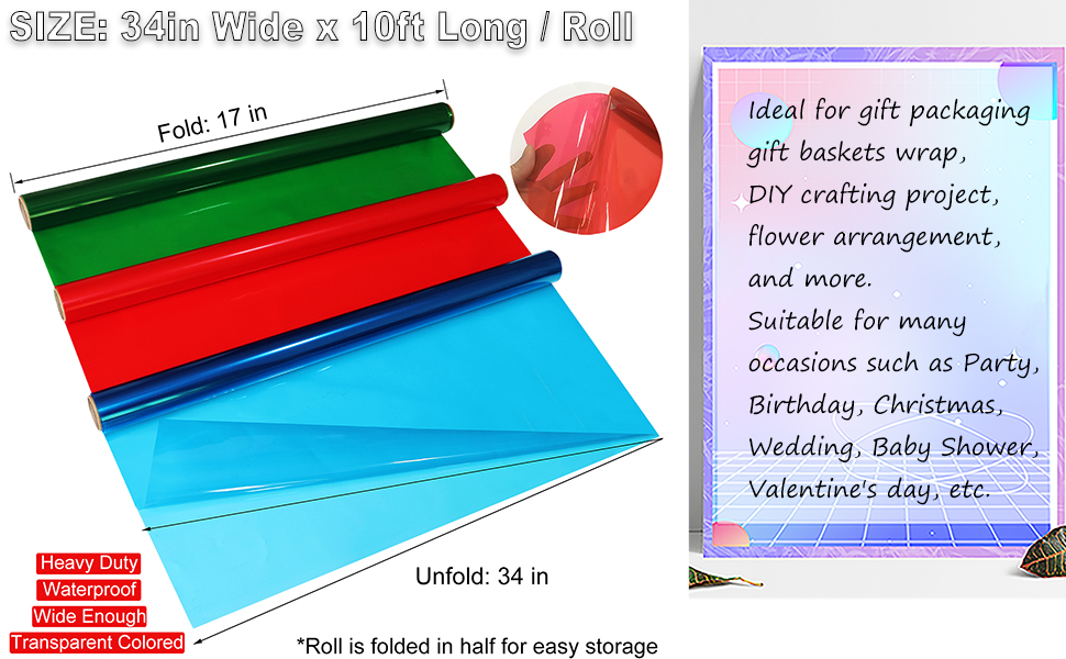 SYOGUA - Rollo de celofán de 8 rollos de colores, extra ancho (34 x 10 pies x 8 colores), rollo ...