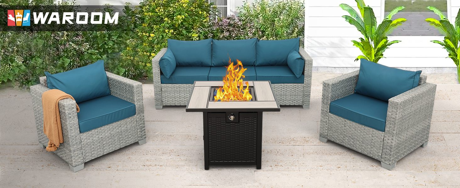 Amazon.com: WAROOM 4 Piece Patio Furniture Set with Fire Pit Table Grey Wicker Outdoor Couch ...