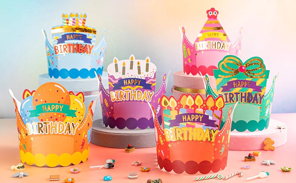 Amazon.com: YAOLIGIFT 24Pc Birthday Crown Hats for Kids, Colorful Paper ...