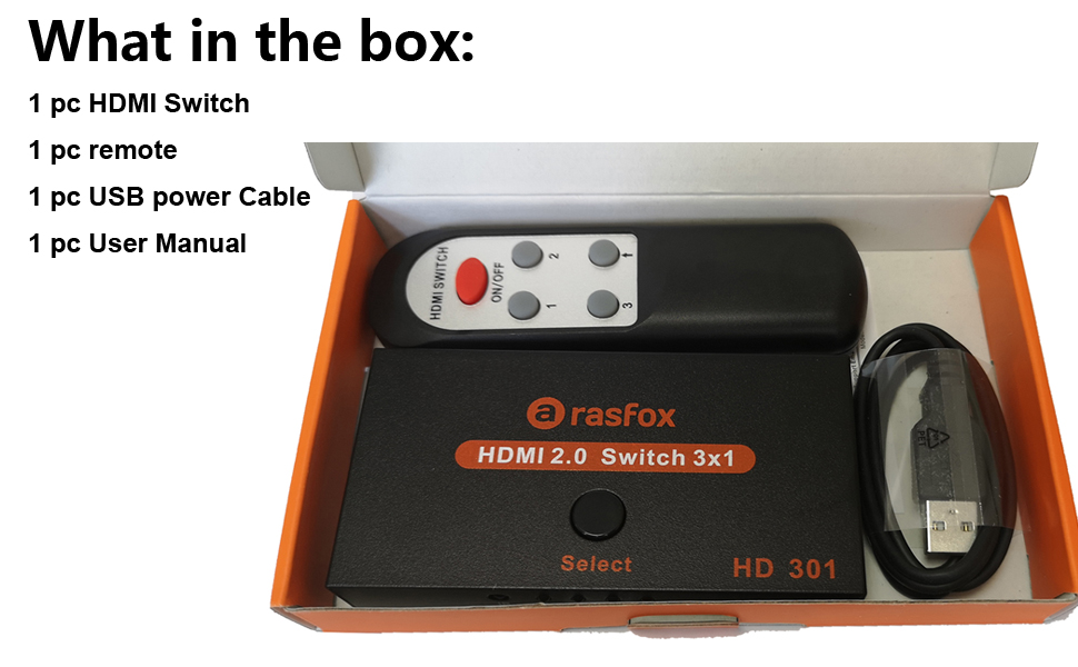 Amazon.com: Rasfox HD301 Powered 3-Port HDMI Switch Switcher Selector Splitter with IR Remote ...