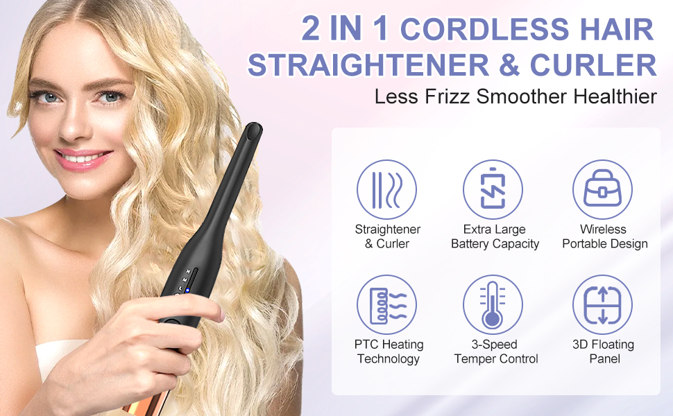 2 in 1 Cordless Hair Straighteners and Curler, Travel Hair Straightener Wireless Portable USB ...