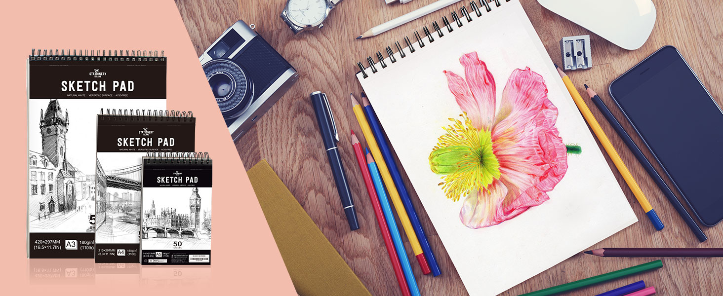 STATIONERY ISLAND Sketch Pad, A5 Sketch Book 180 g/m² Thick Paper, 100 Pages / 50 Sheets Spiral ...