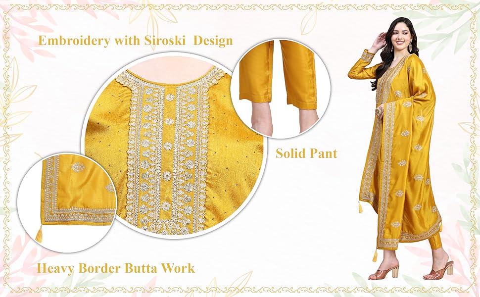 TRENDMALLS Women's Vichitra Silk Embroidery Salwar Suit Set Kurta Pant with Dupatta (G142-Yellow ...