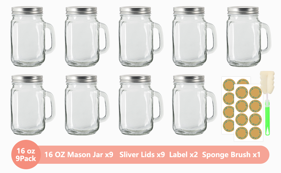 Amazon.com: SZUAH Mason Jars 16oz with Handle-Mason Jar Mugs with Lid Set of 9, 480ML Mason ...