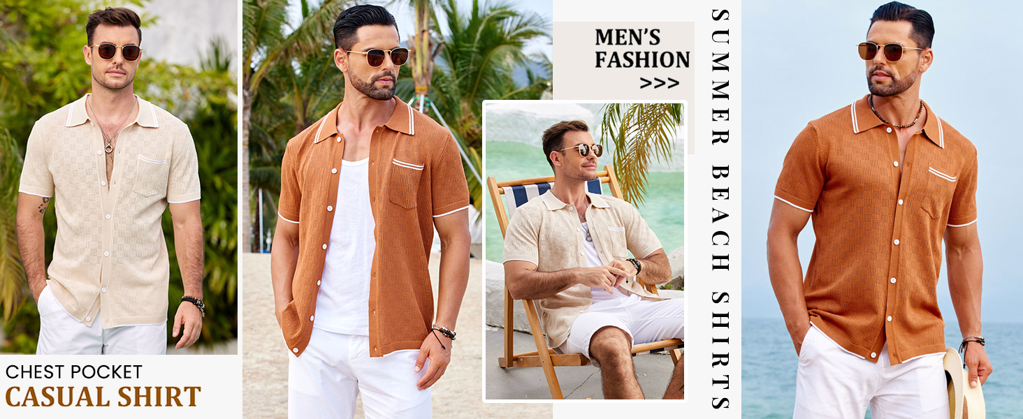 Amazon.com: COOFANDY Men's Knit Button Down Shirt Vintage Polo Shirts Short Sleeve Summer Beach ...