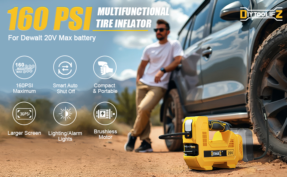 DIYtoolifz Cordless Tire Inflator Air Compressor Compatible with DeWALT 20V, 160PSI Portable LED ...