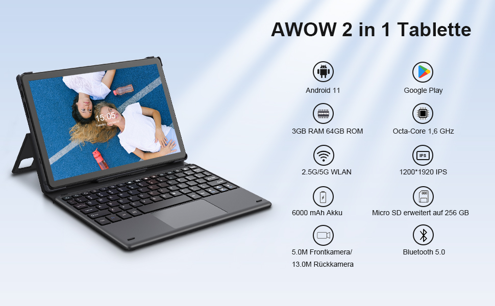 AWOW Tablet 10,1 Zoll Android 11, 2-in-1 Tablet mit Tastatur, Octa-Core Processor 64GB ...