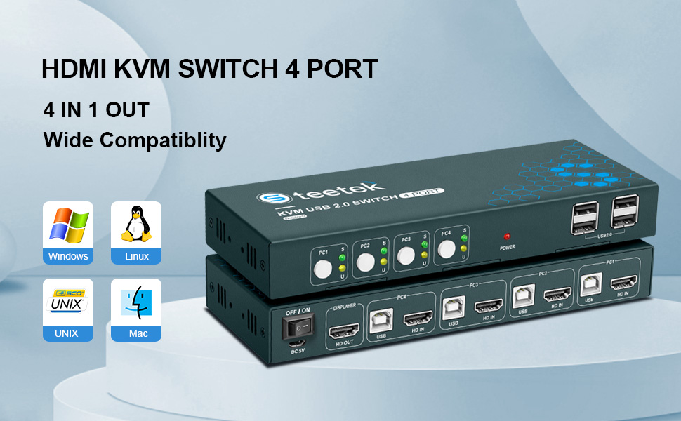 Steetek KVM Switch HDMI 4 Port Box, UHD 4K@60Hz 4 USB 2.0 Hub, HDMI KVM Switch 4 Computers Share ...