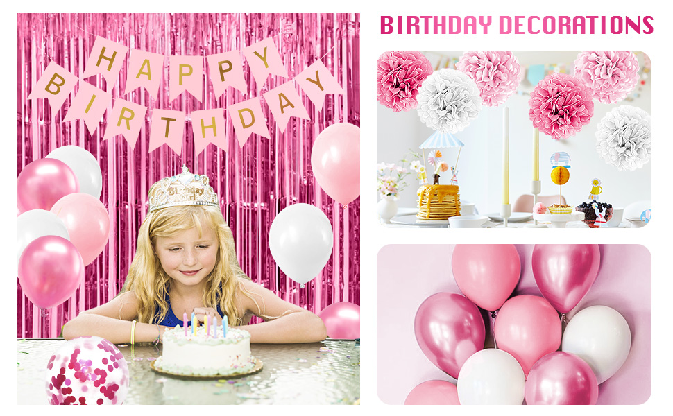 Amazon.com: Iysoll Pink Birthday Party Decorations for Girls Women Happy Birthday Banner Light ...