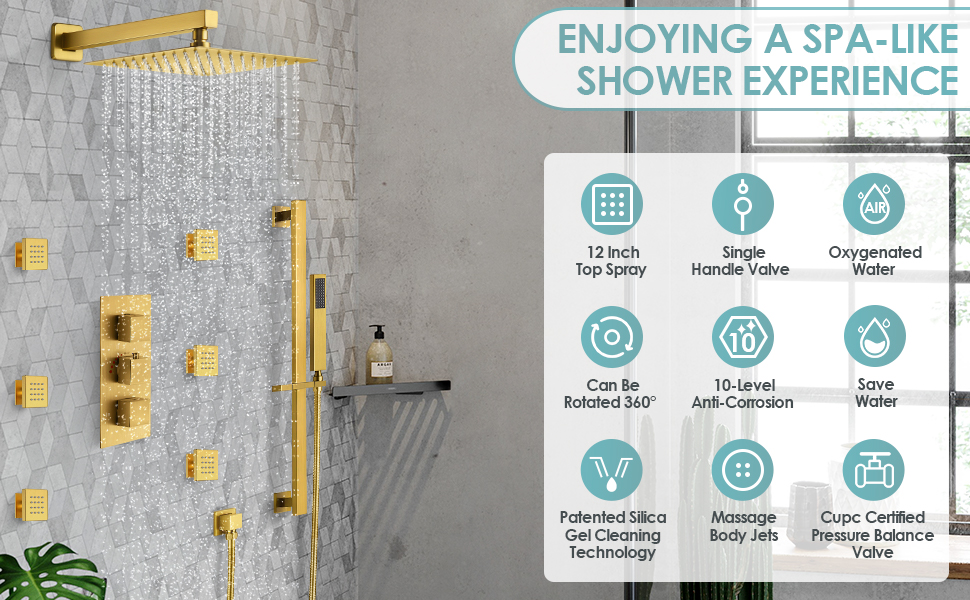 Shower System with Body Jets: EVERSTEIN Thermostatic Luxury Shower Faucet Set Wall Mounted 12 ...