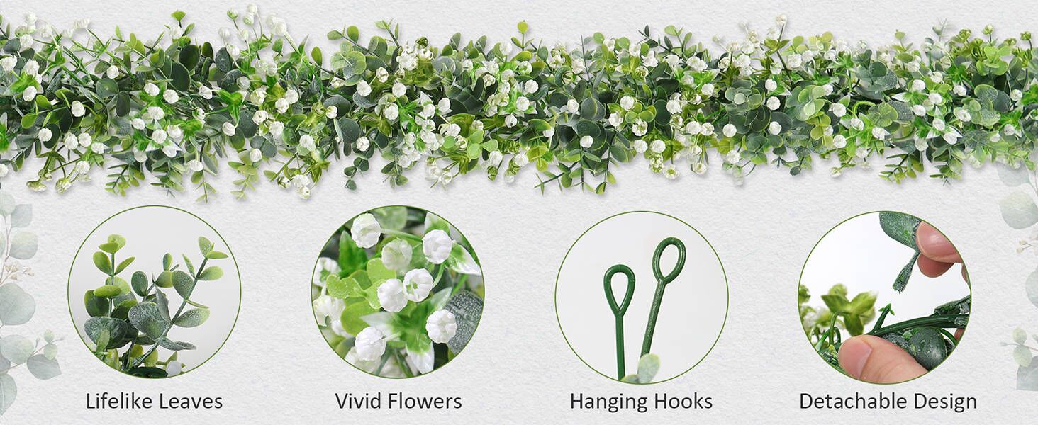 SOMYTING Artificial Eucalyptus Garland with White Flowers, 2 Packs 6Ft Artificial Greenery ...
