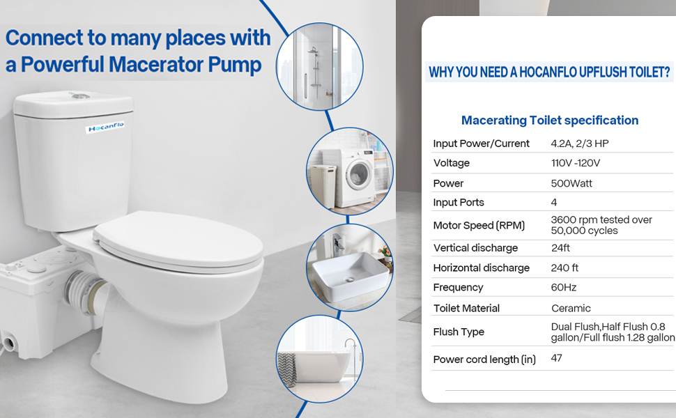 Macerating Toilet with 500Watt Macerator Pump, Upflush Toilet for Basement, Macerator Toilet 3 ...