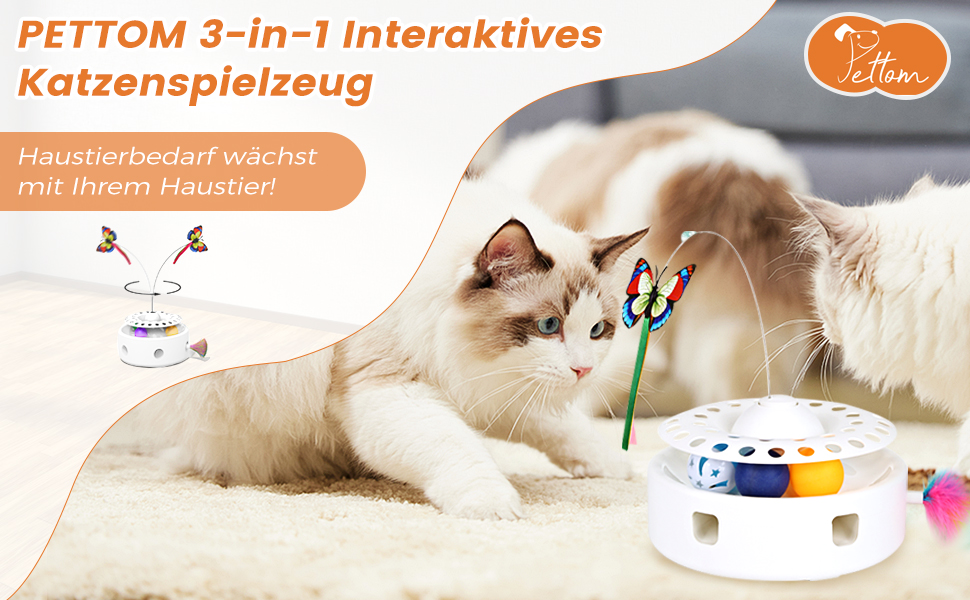 PETTOM 3 in 1 Katzenspielzeug Elektrisch, Mute Interaktives Katzenspielzeug mit Federn ...