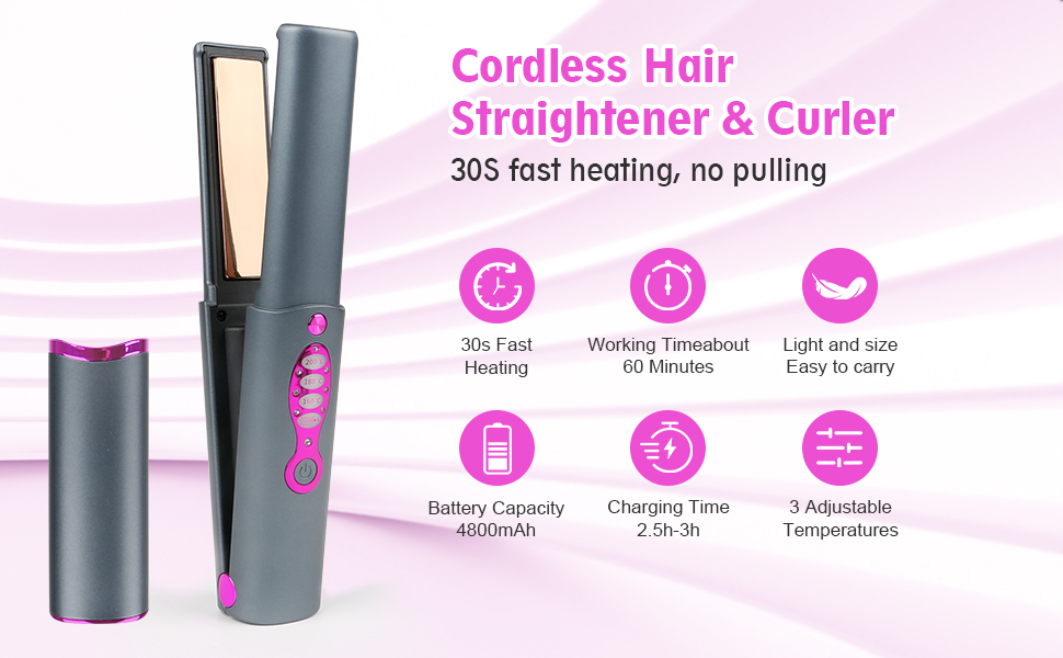 Cordless Hair Straighteners Curler 2 in 1, Mini Portable Travel Wireless Hair Straightener, 30s ...