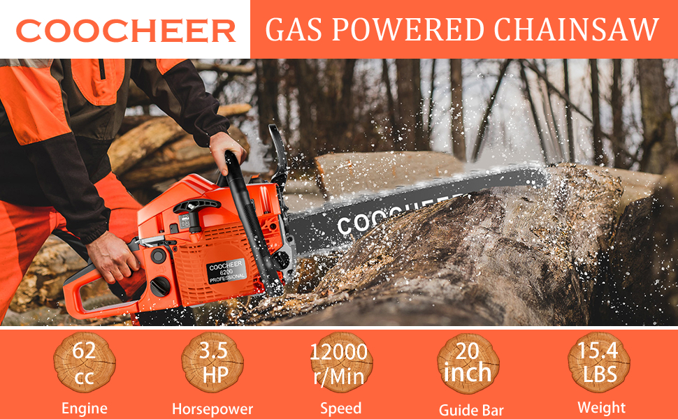 Amazon.com : COOCHEER 62CC Gas Chainsaw 20 Inch Power Chain Saw 12000r/min 2-cycle 3.5 HP Gas ...