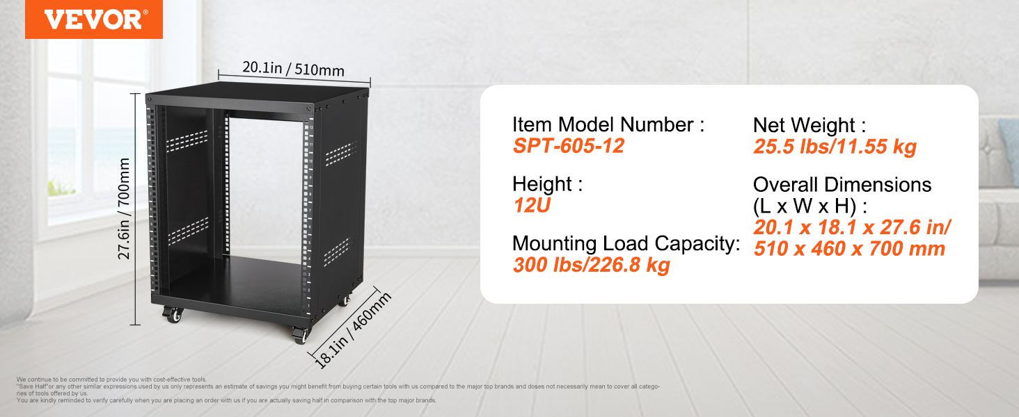 VEVOR 12U AV Rack Stand, 300 lbs Capacity, Network Stereo Recording Studio Rack with Lockable ...