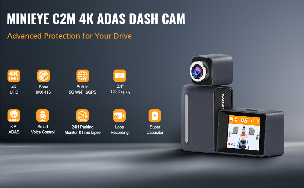 MINIEYE C2M 4K ADAS HD Dash Cam for Car,Front and Rear Dash Cam, Free 32GB Card App Control ...